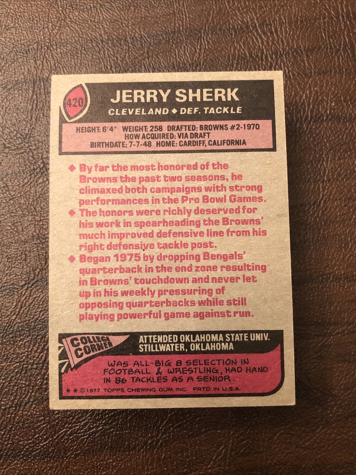 1977 TOPPS JERRY SHERK #420 CLEVELAND BROWNS FOOTBALL CARD ALL-PRO | eBay