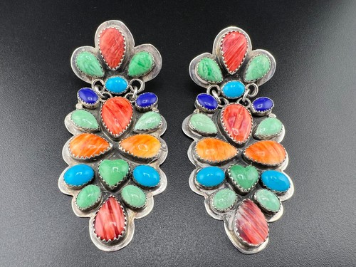 ROIE JAQUE NAVAJO 925 STERLING SILVER MULTI-GEMSTONE DROP POST EARRINGS ...