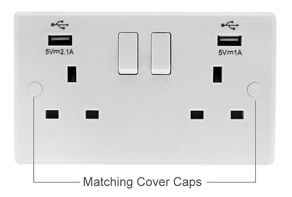 Double Wall Plug Socket 2 Gang 13A with 2 USB Ports Screwless Slim Flat ...