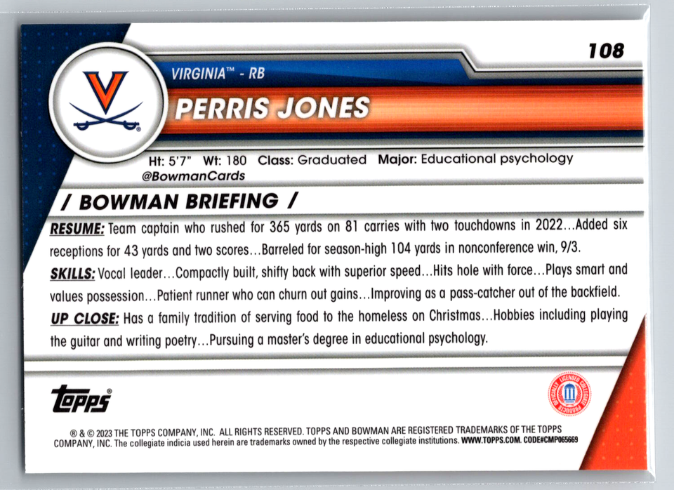 Perris Jones 2023 Bowman Chrome U University 1st #108 Virginia ...