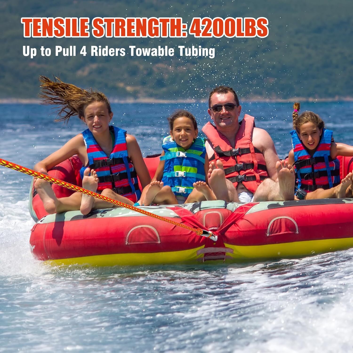 60FT Heavy-Duty Floating Boat Tow Rope for 1-4 Person Tubes-Orange ...