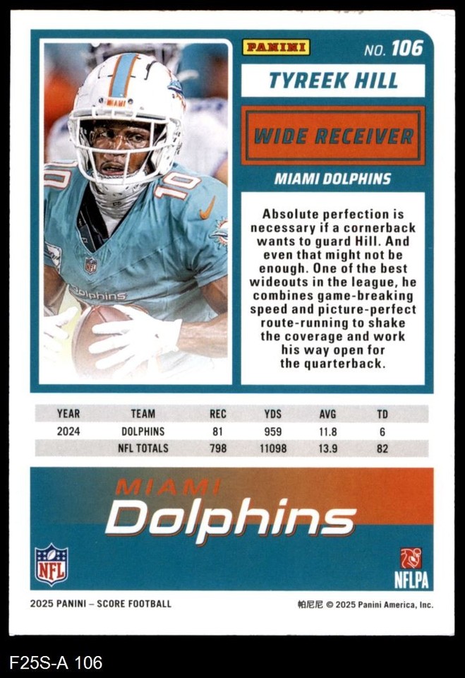 2025 Score #106 Tyreek Hill Dolphins Oklahoma St 8 - NM/MT | eBay