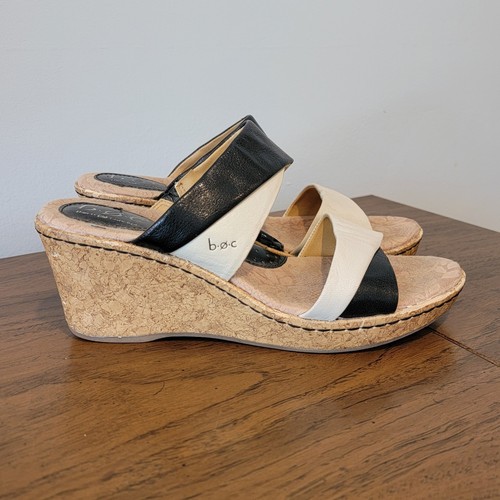 BOC Born Concept Sandals Womens Cork Wedge White Black Leather Size 9M ...