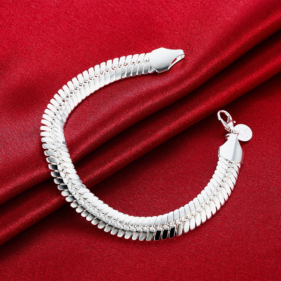 925 Sterling Solid Silver Charm 10MM Snake Chain Bracelet For Women ...