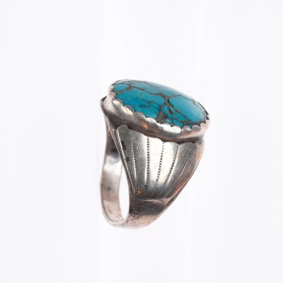 sz11.5 Vintage DL Navajo sterling silver spiderweb turquoise men's ring ...