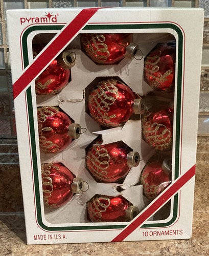 10 Vtg USA Pyramid Christmas Ornaments 1.75" Red Gold Glitter Glass ...