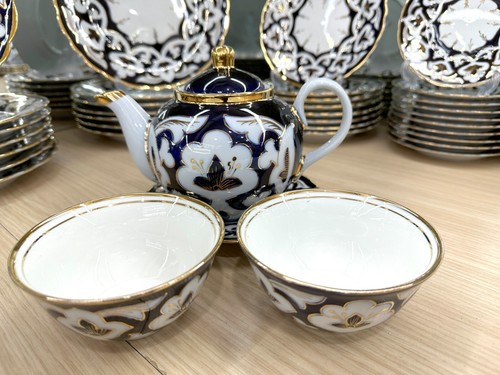 Uzbek Porcelain Tea Set – Handcrafted Cobalt Blue & Gold Cotton Pattern ...