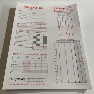WPPSI-III - Wechsler Preschool & Primary Scale Record Form Ages 2:6-3: ...