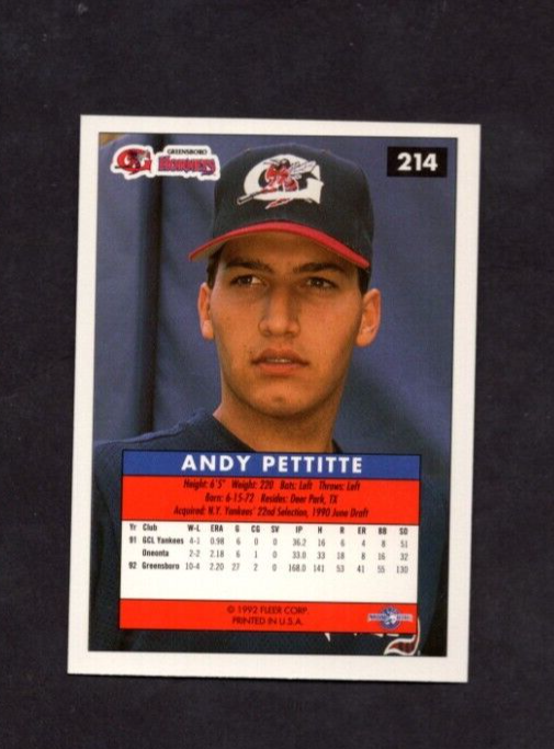 1992 Fleer Excel Baseball Rookie Andy Pettitte Greensboro Hornets #214 ...