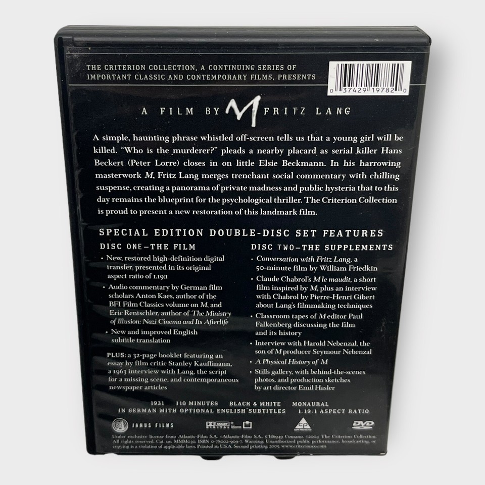 Fritz Lang’s M : Criterion Collection : 2004 DVD 2-Disc Set RARE OOP ...