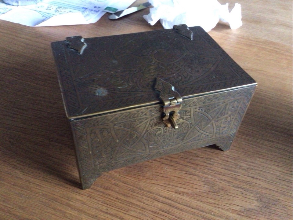 Antique Islamic Engraved Brass Casket Box Wood Lined Script Calligraphy ...