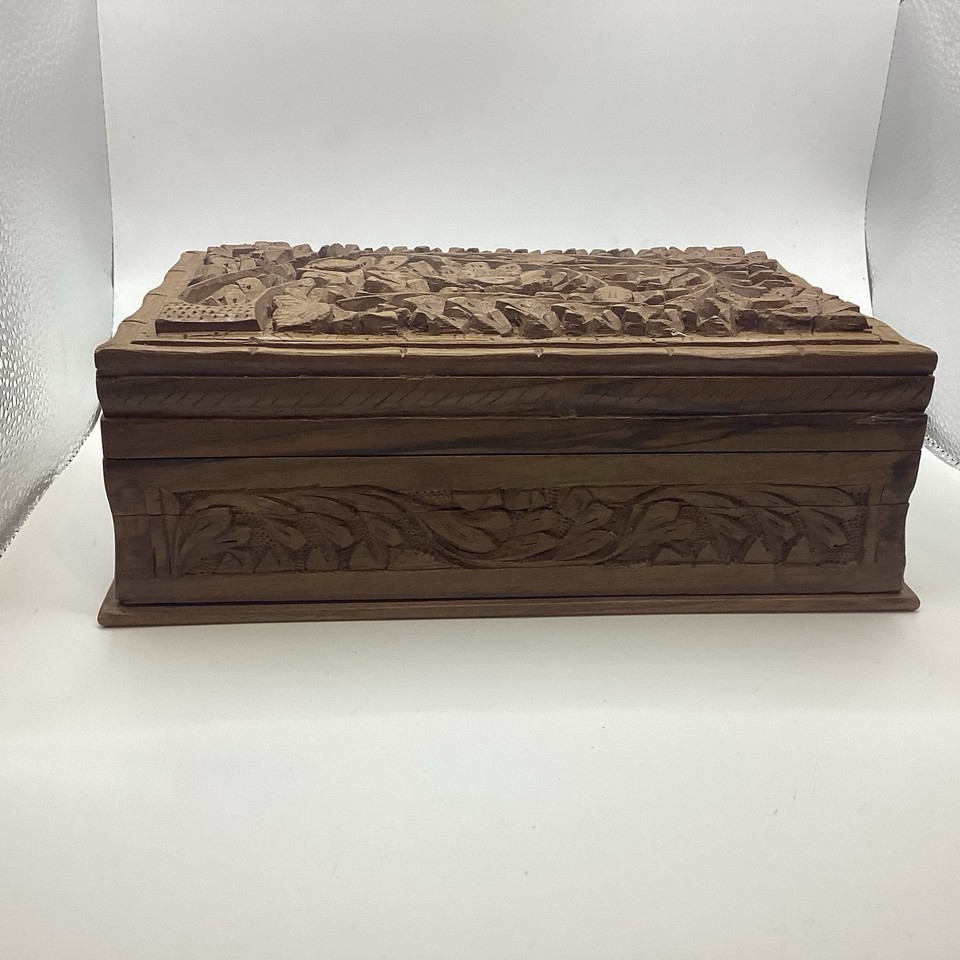 Vintage hand carved wooden box with secret slide lock-hinged lid vgc ...