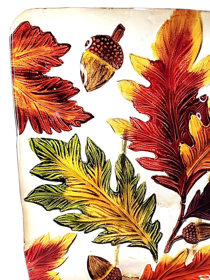 Reverse Painted Glass Plate Autumn Leaves Acorns Thanksgiving Fall 9.5 ...