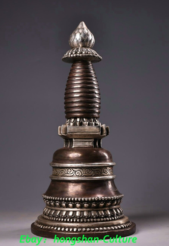 13'' Old Tibet Pure Bronze Silver Lotus Flower Auspicious Symbol Buddha ...