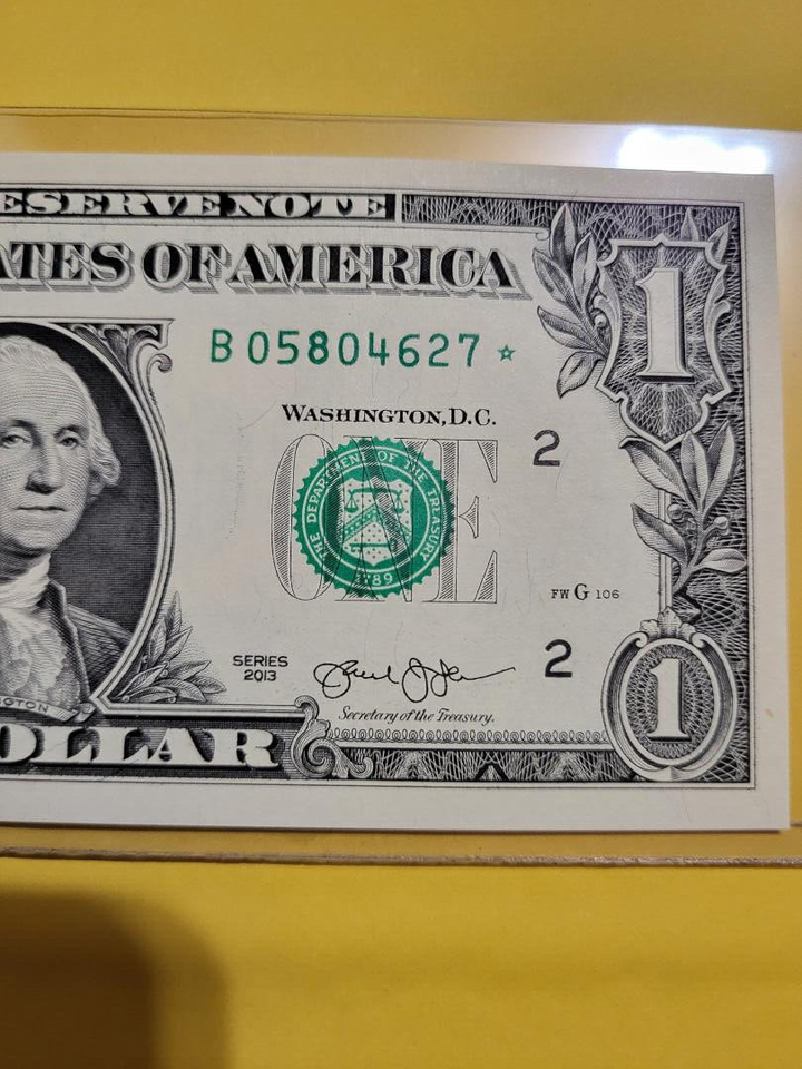 2013 B STAR NOTE DUPLICATE 1$ 05804627 RARE UNCIRCULATED, MINT. FREE ...