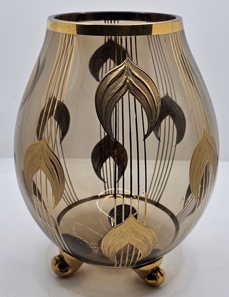 Bohemian Czech Murmac Smoke Glass Tawny Brown Gold Etched Footed Vase ...