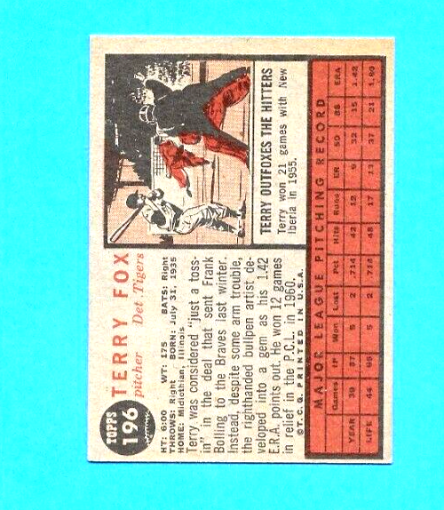 1962 TOPPS #196 TERRY FOX TIGERS EX-EXMINT | eBay