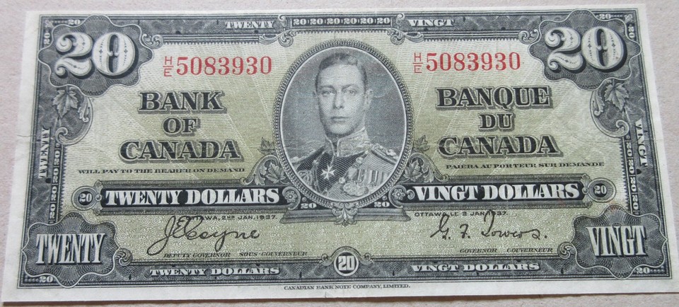 1937 Bank of Canada Twenty Dollar $20 Bill. BETTER GRADE $20 Bank Note ...