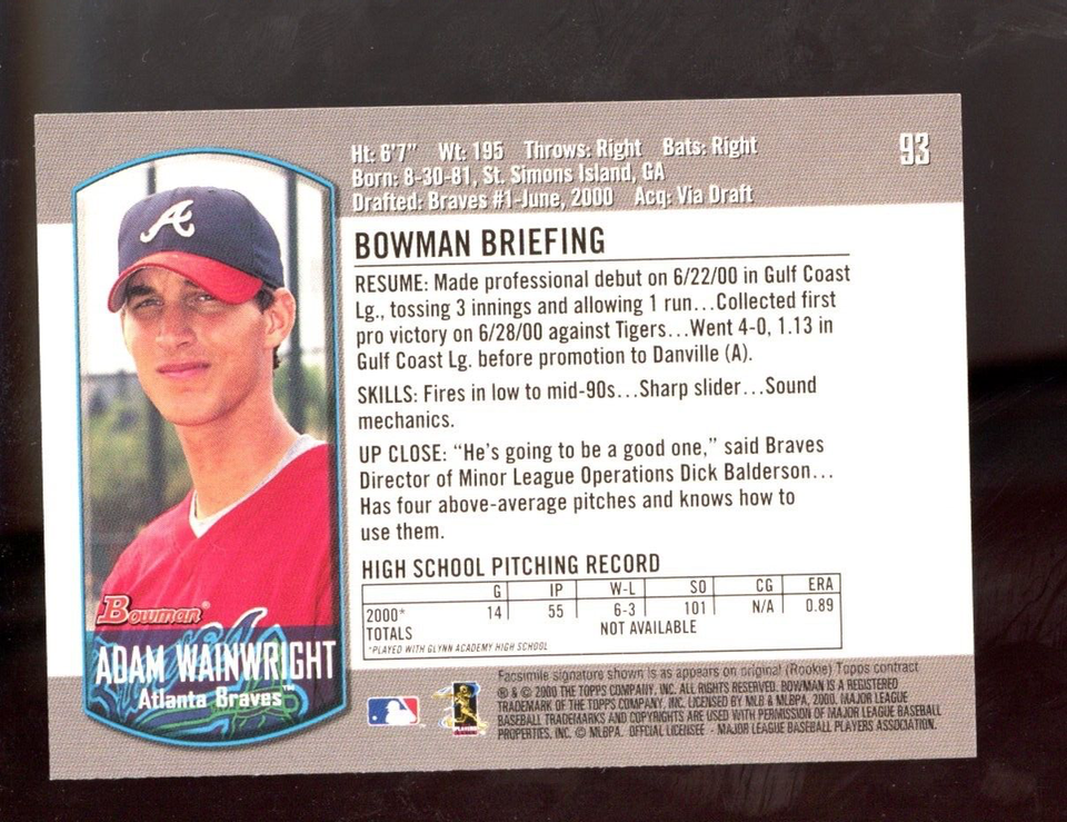 Adam Wainwright 2000 Bowman Rookie Card RC #93 Braves Cardinals | eBay