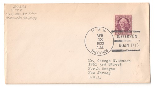 USS BROOKS (DD-232) Destroyer 4/13/33 JEFFERSON BORN 1713 Naval Cover ...