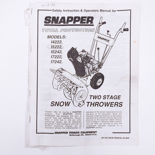 Snapper - 14222 15222 15242 17222 17242 Two Stage Snow Thrower Owners ...
