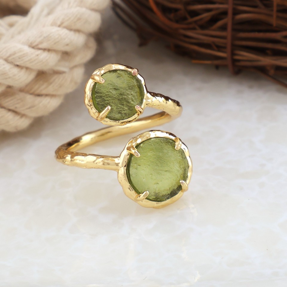 Natural Moldavite Ring Gold Plated Texture Design Adjustable Ring For ...