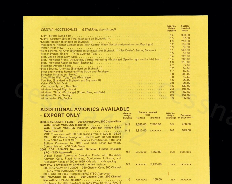 CESSNA Vintage 1975 172 Skyhawk II Factory Price List Rare OEM ...