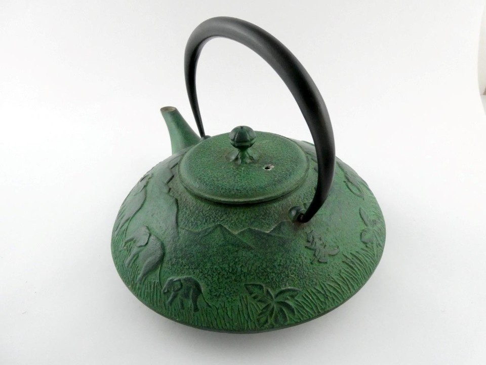 Teavana Cast Iron Green Teapot With Elephants Safari Style Pattern ...