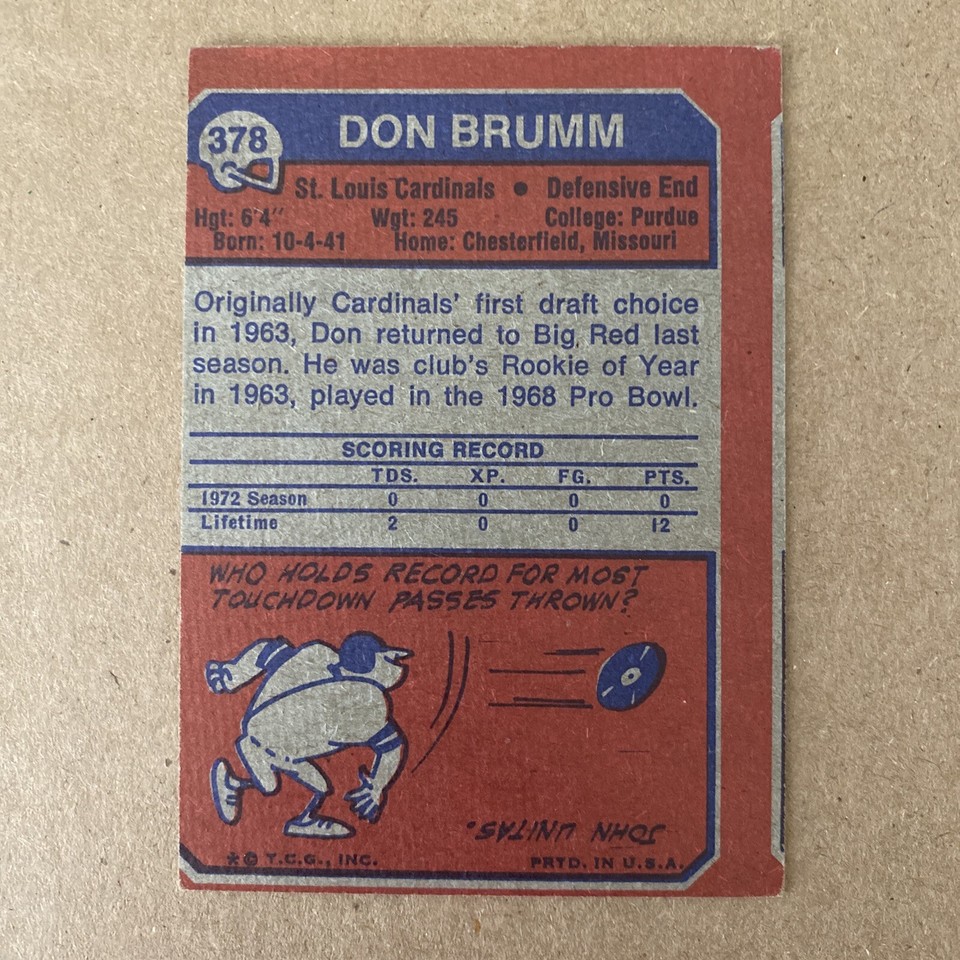 1973 Topps Football Don Brumm St Louis Cardinals Card #378 | eBay