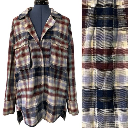 Free People Izzy Cargo Shirt Snap Plaid Oversized Hi Lo Grunge Flannel ...