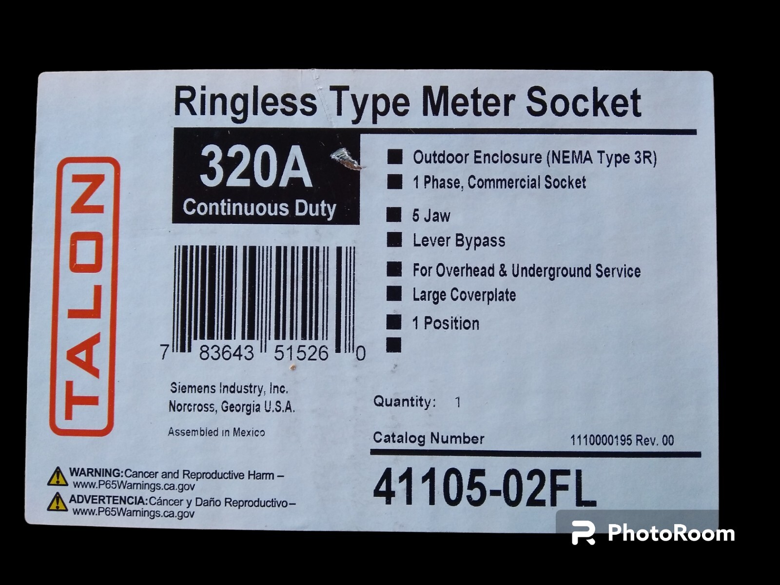 400 Amp Siemens/Talon Meter 120/240v -320A Cont 41105=02FL ...