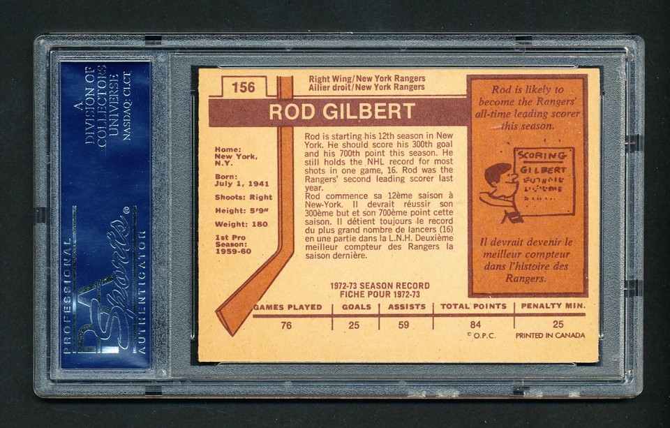 1973 OPC HOCKEY 156 ROD GILBERT RANGERS PSA 7 NEAR MINT | eBay