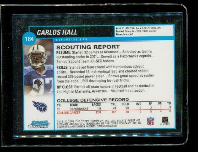 2002 TOPPS BOWMAN CHROME Rookie Football Card #184 CARLOS HALL ...
