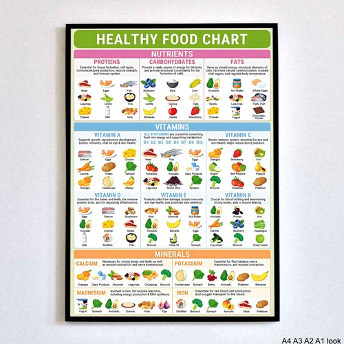 HEALTHY FOOD VITAMIN MINERAL NUTRIENT CHART Poster Home Kitchen Print ...
