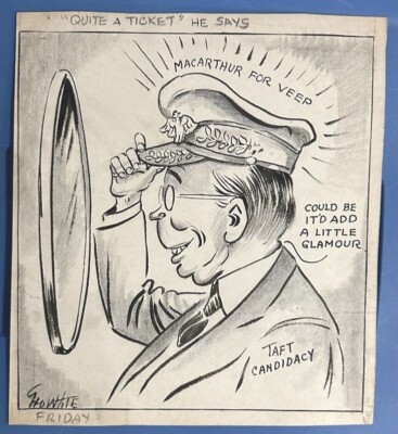 ORIGINAL ARTWORK GEORGE WHITE EDITORIAL CARTOON 1952 PRESIDENTIAL RACE ...