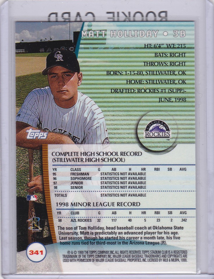MATT HOLLIDAY ROOKIE CARD Baseball MLB Draft Pick RC 1999 Topps Stadium ...
