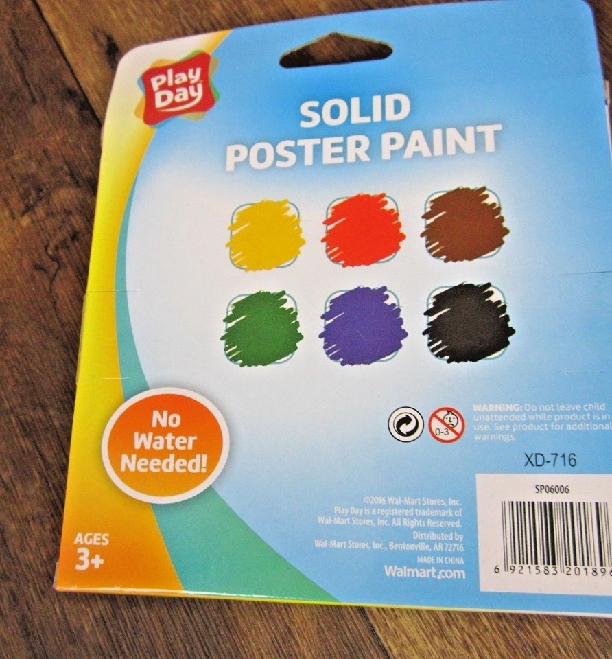 PLAY DAY Solid Poster Paint quick drying NEW 6 colors primary ages 3 ...