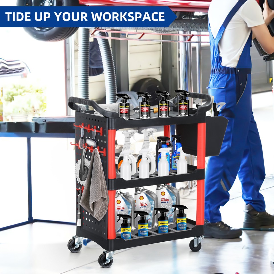 Auto Detailing Cart Car Wash Tool Organizer Utility Trolley with Hooks ...