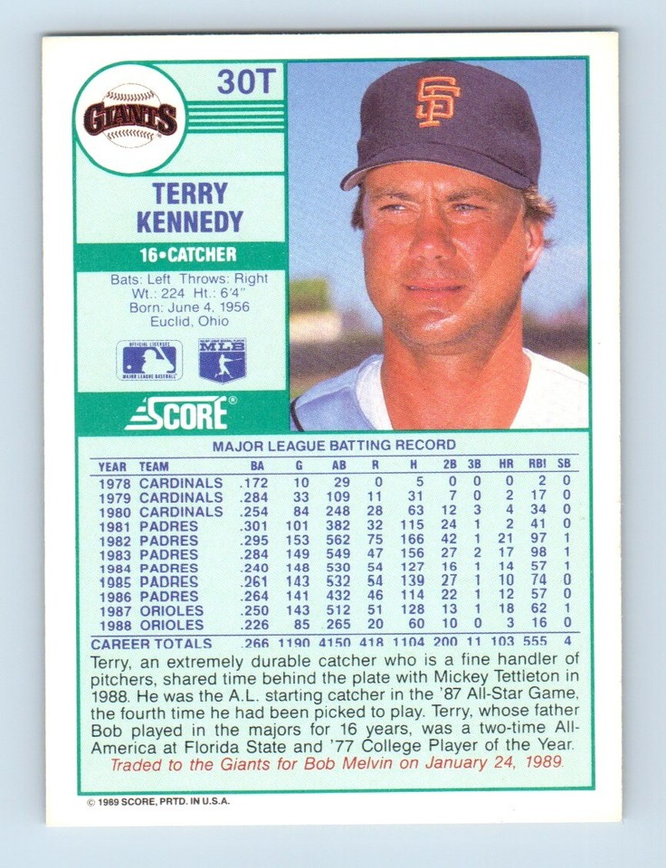 1989 Score Rookie & Traded Terry Kennedy San Francisco Giants #30T | eBay