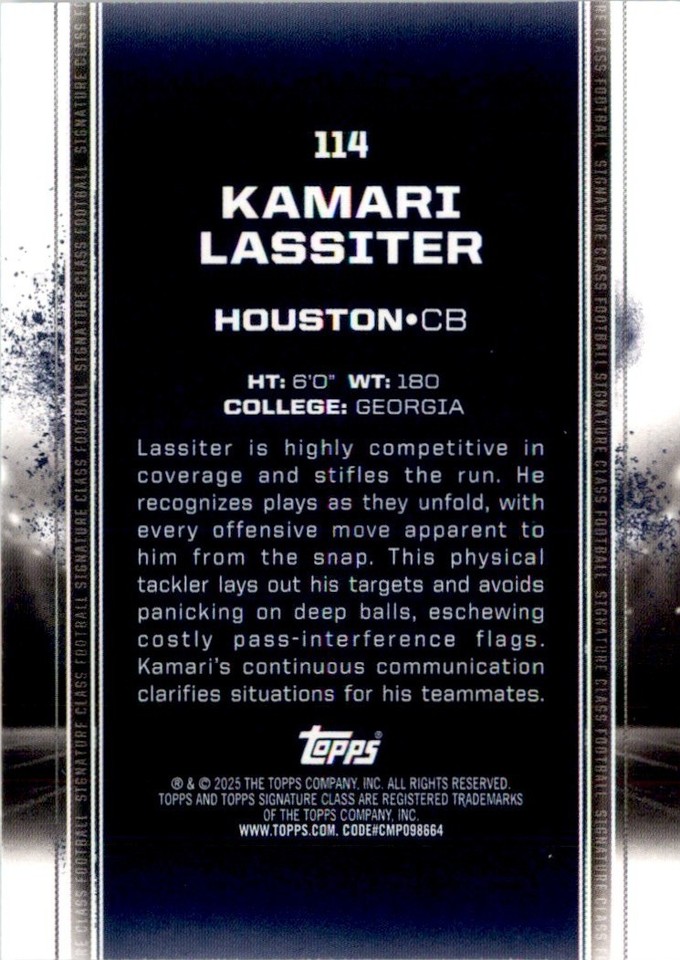 Kamari Lassiter 2024 Topps Signature Class Blue & Orange RC #114 ...
