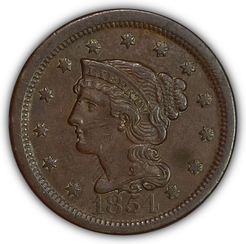 1854 Braided Hair Large Cent Almost Uncirculated AU Coin, Issues #28080 ...
