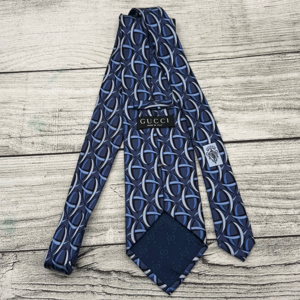 Gucci Blue & White 100% Silk Tie Interlocking Circles Gs Geo Logo ...