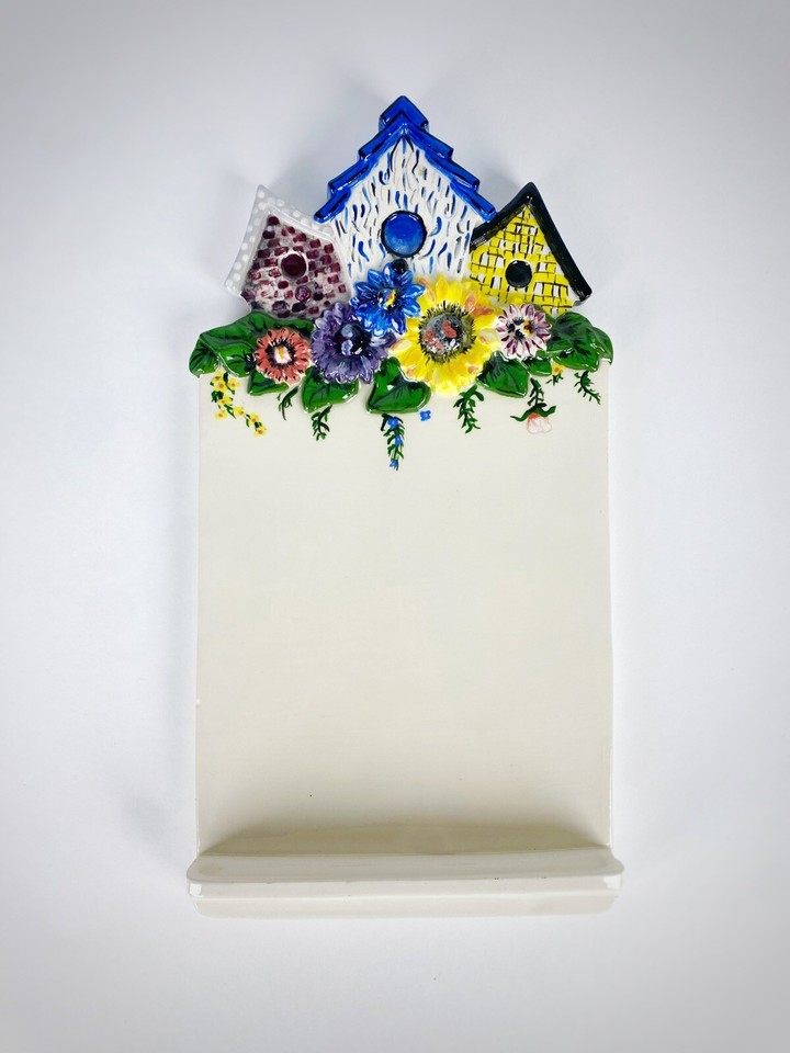VTG Handmade Ceramic Grocery List / Memo Wall Hanger Bird House Floral ...