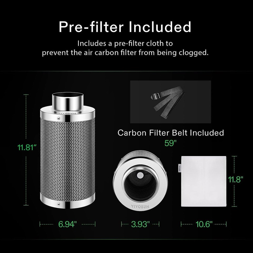 VIVOSUN 4/6/8" Air Carbon Filter 38mm Charcoal Bed w/ Pre-Filter for ...