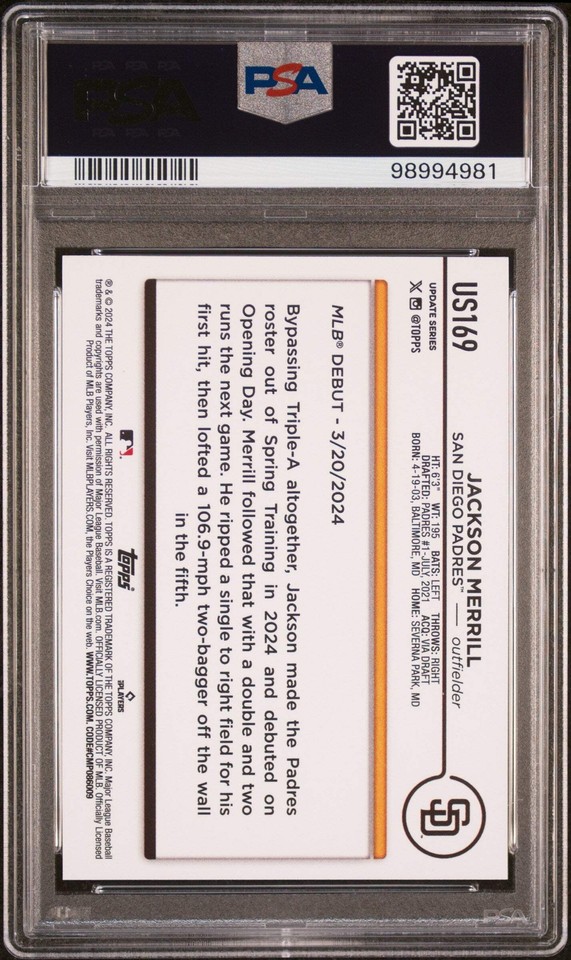 Graded 2024 Topps Update Jackson Merrill #US169 Rookie RC Baseball Card ...