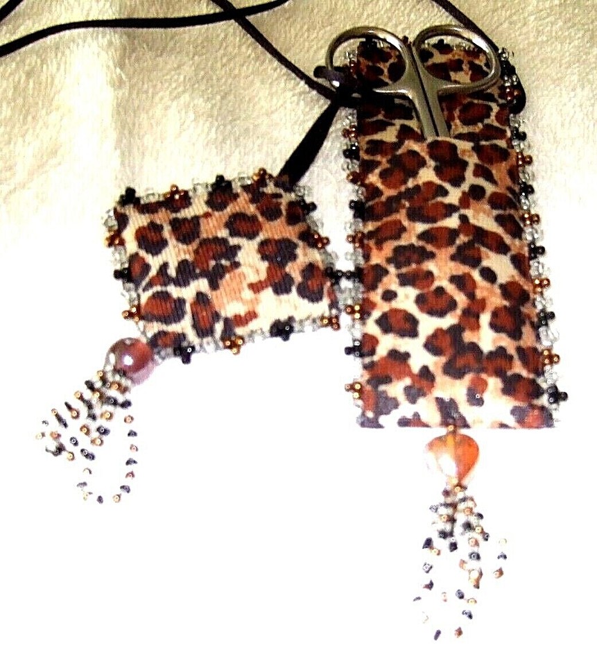 Leopard Print Beaded Ribbon Scissor Case & Pincushion W/ Scissor - NEW ...