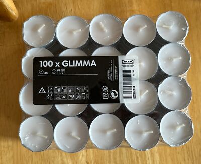 IKEA GLIMMA 100 Tea Light Candles Unscented White 38mm Wax Tealights 4 ...