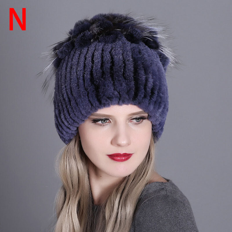 Women Winter Rex Rabbit Fur Hat Ladies Knitted Mink Fur Caps Beanie ...