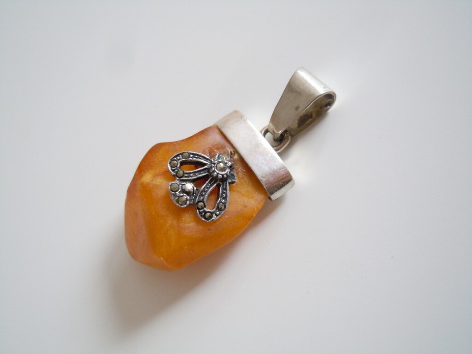 925 Silver Pendant Butterscotch Amber & Application With Marcasite 5.4 ...