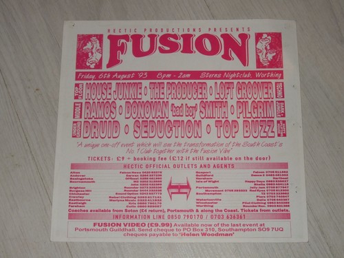 FUSION RAVE FLYER STERNS NIGHTCLUB WORTHING 1993 DANCE MEMORABILIA VGC ...